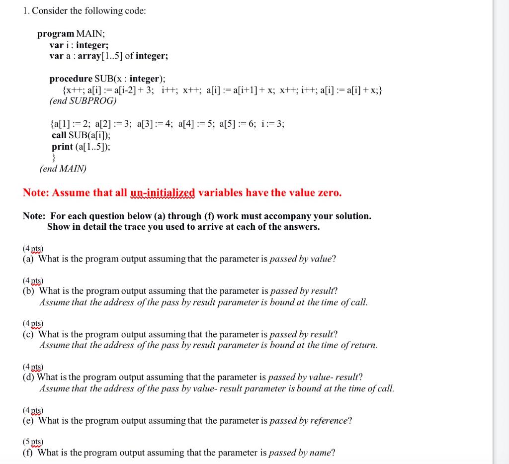 Solved 1. Consider the following code: program MAIN; var i: | Chegg.com