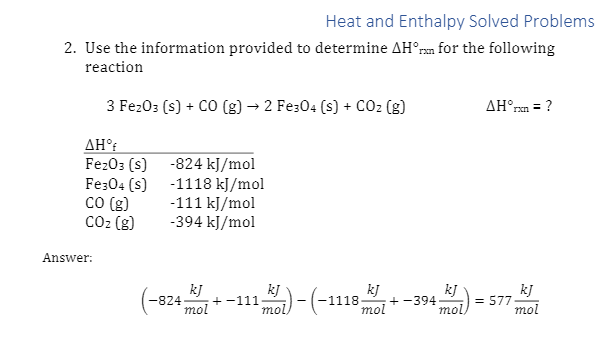 Solved Heat and Enthalpy Solved Problems 2. Use the | Chegg.com