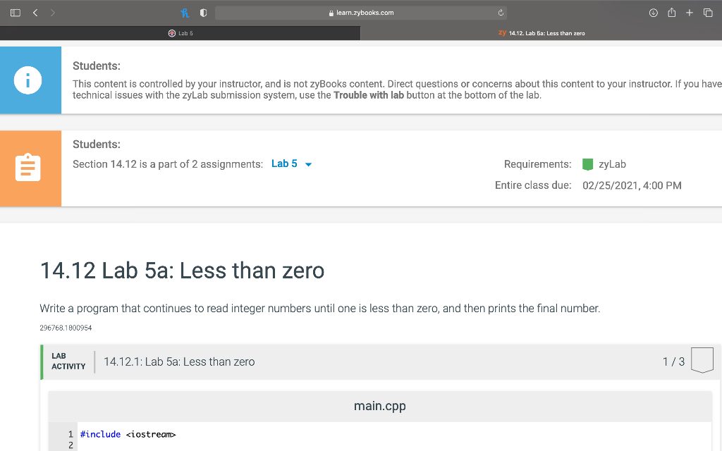 Solved learn.zybooks.com + O Lab 6 Zy 14,12 Lab ba: Less | Chegg.com