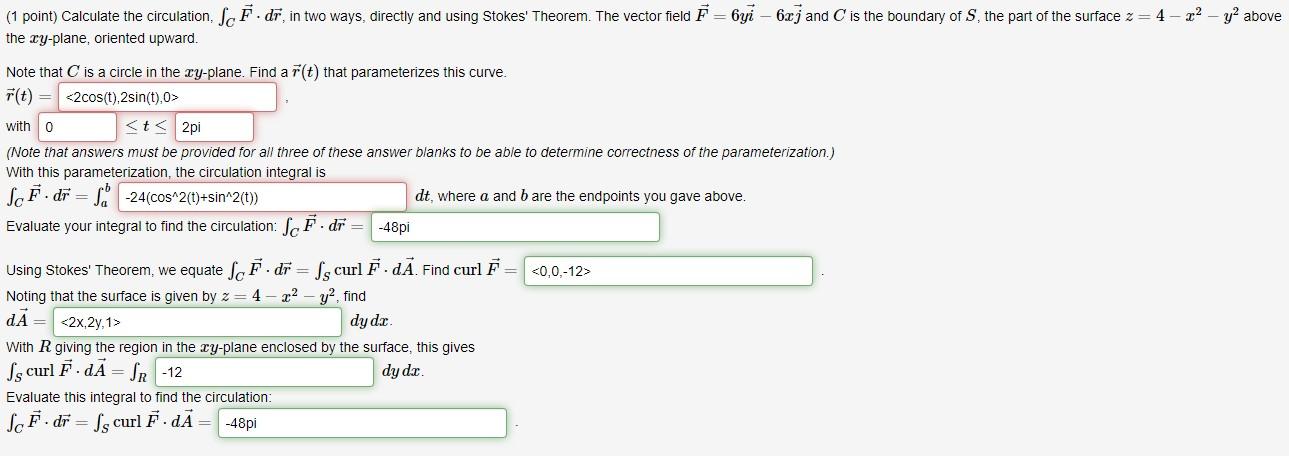 Solved (1 point) Calculate the circulation, Sc. dr, in two | Chegg.com