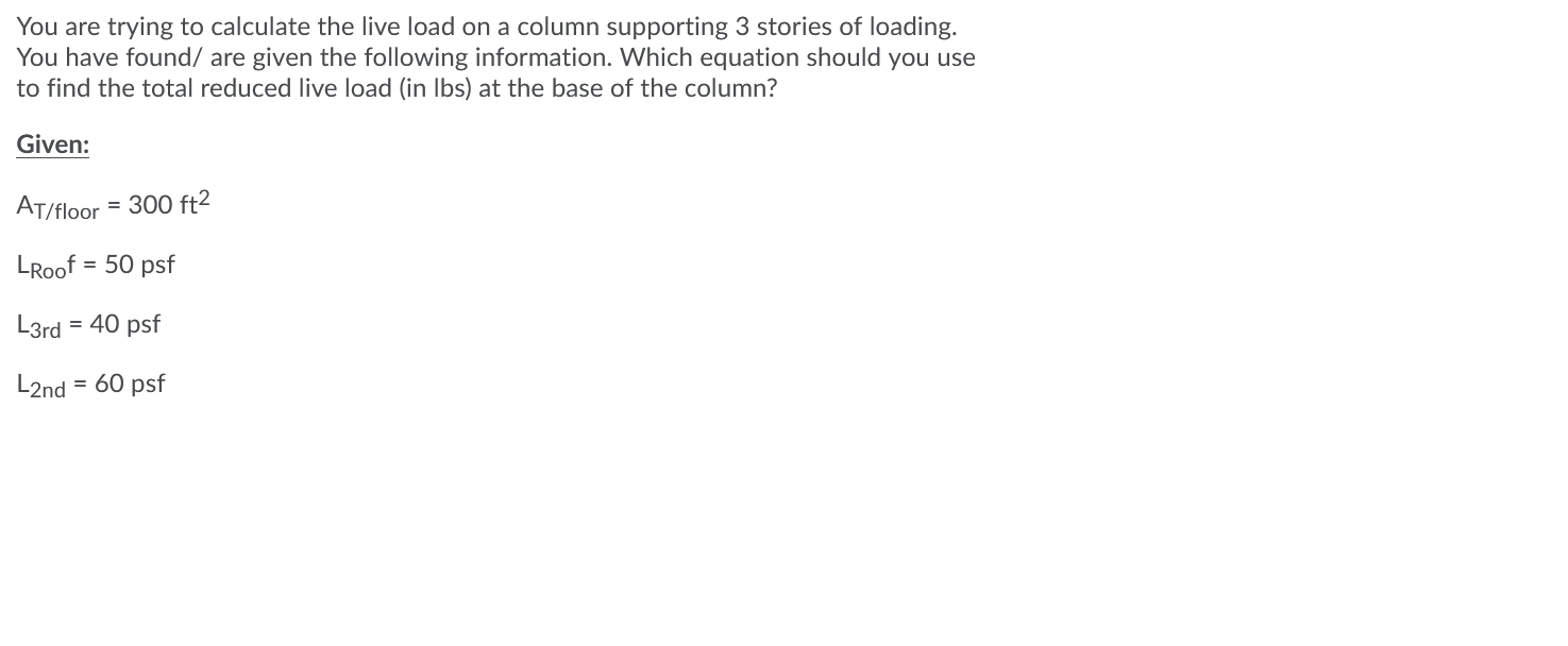 Solved You are trying to calculate the live load on a column | Chegg.com