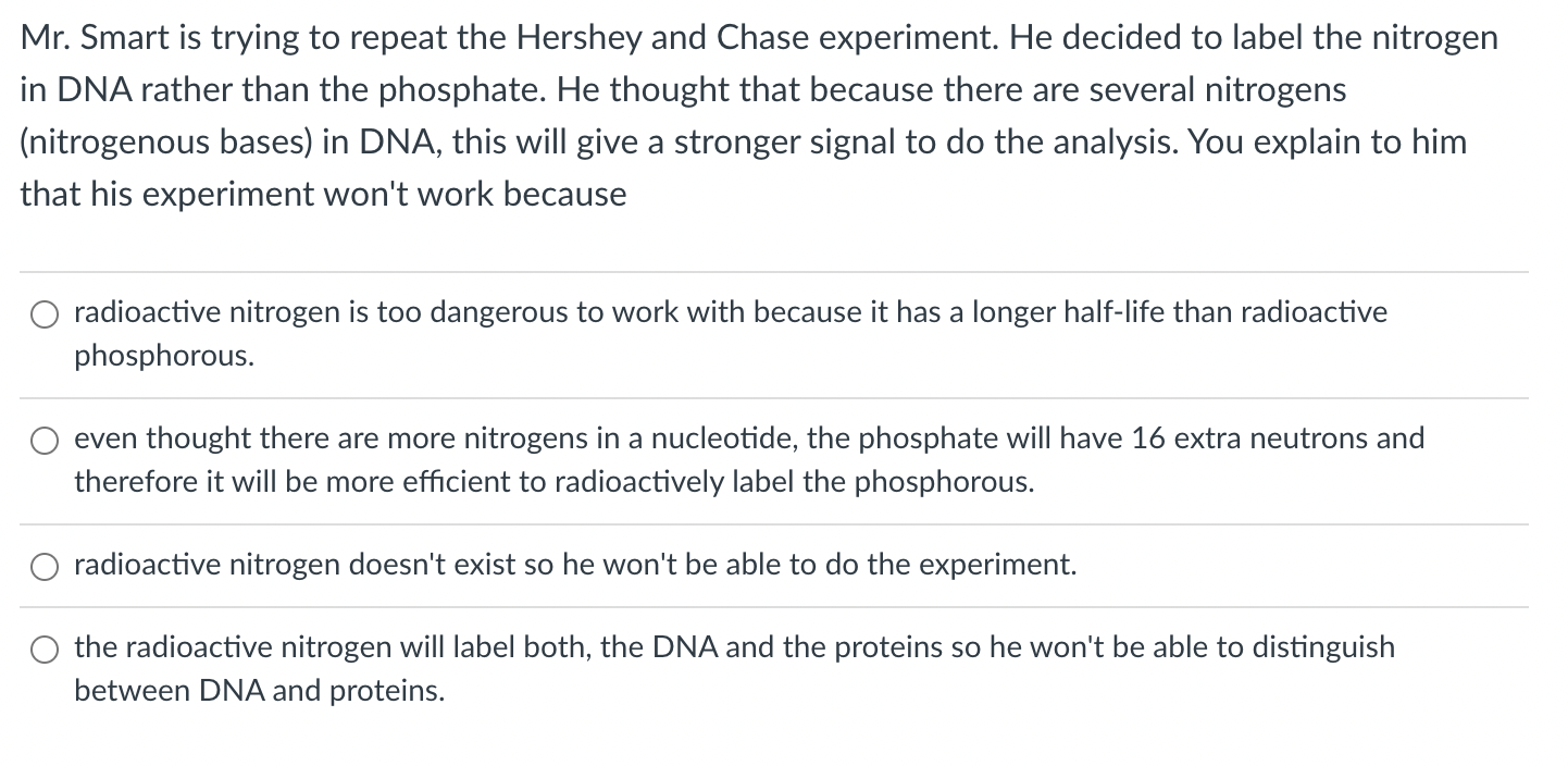 Solved Mr. ﻿Smart is trying to repeat the Hershey and Chase | Chegg.com