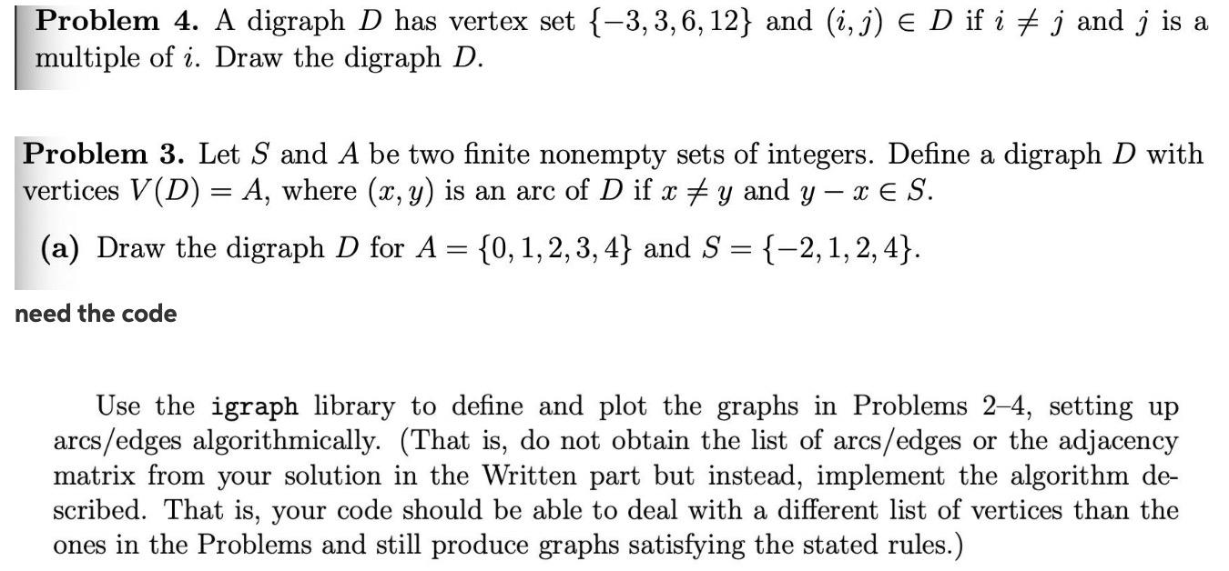 Solved Problem 4. A digraph D has vertex set {-3, 3, 6, 12} | Chegg.com