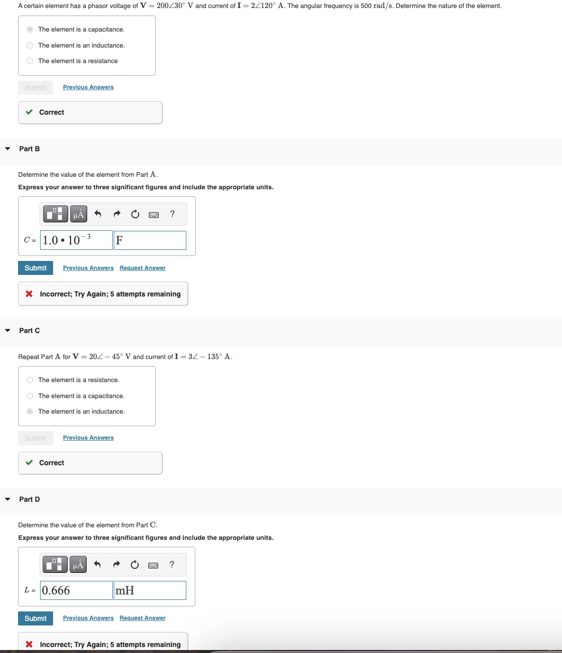 Solved A certain element has a phasor voltage of V=200?30°V | Chegg.com