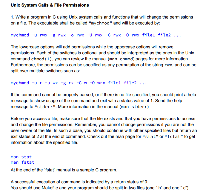 Unix System Calls & File Permissions 1. Write a | Chegg.com