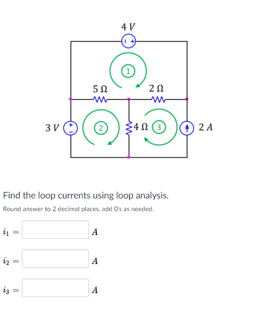 Solved 4V 5Ω 2Ω 3V (: ξ4 Ω Α) 2A Find the loop currents | Chegg.com