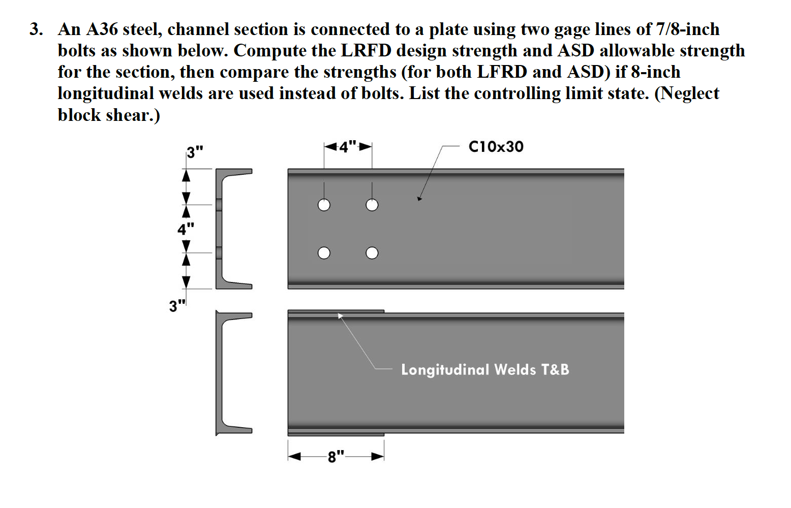 Solved 3. An A36 steel, channel section is connected to a | Chegg.com