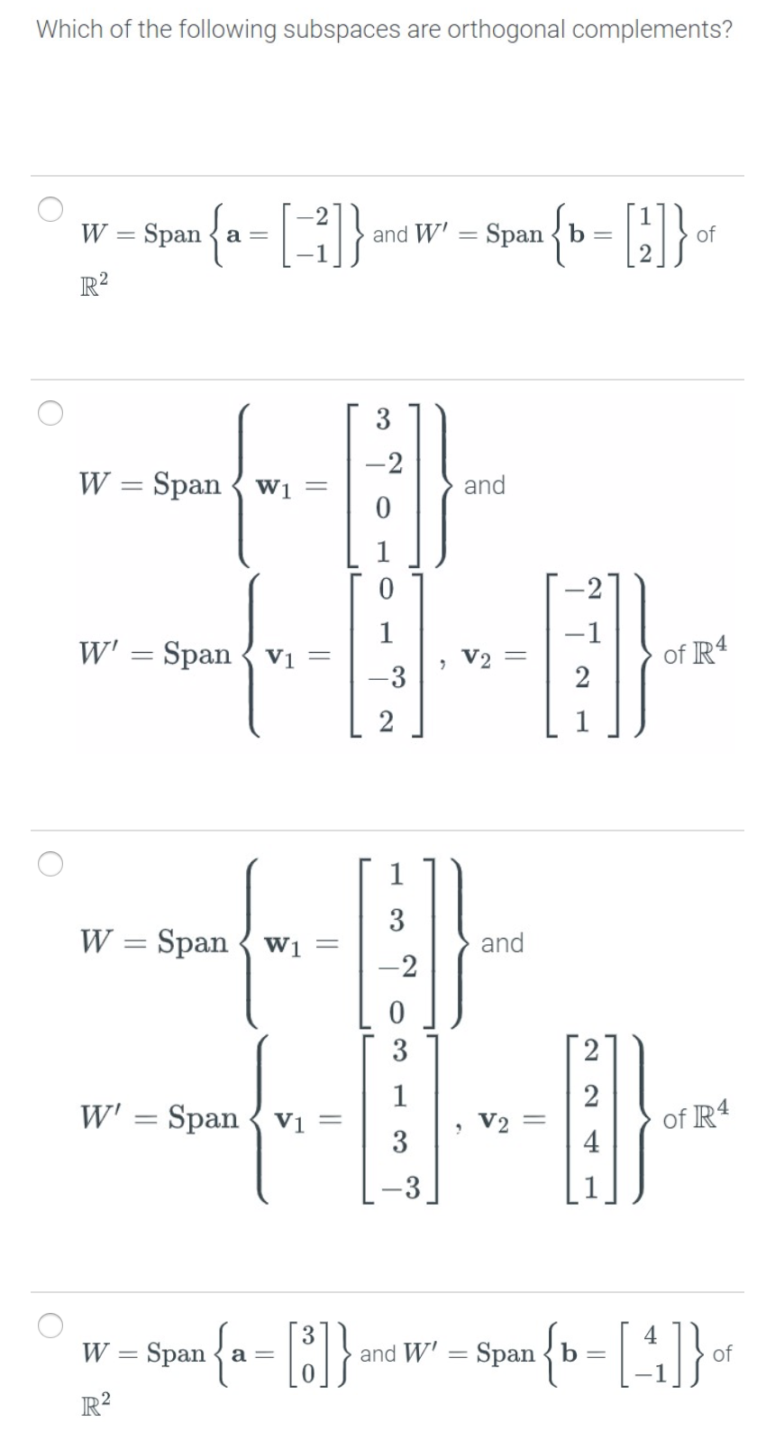 Solved Which of the following subspaces are orthogonal | Chegg.com