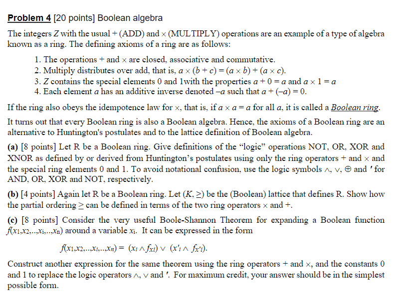 Solved Problem 4 [20 points] Boolean algebra The integers Z | Chegg.com