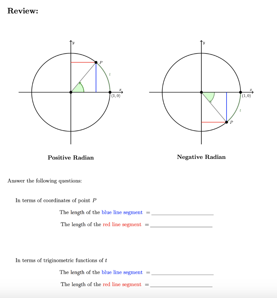 Solved Review: (1,0) (1,0) Positive Radian Negative Radian | Chegg.com