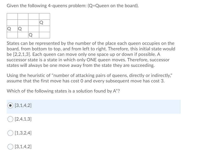 Solved Given the following 4-queens problem: (Q=Queen on the | Chegg.com