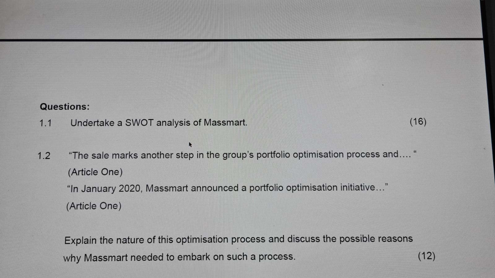 Solved Questions: 1.1 Undertake a SWOT analysis of Massmart. | Chegg.com
