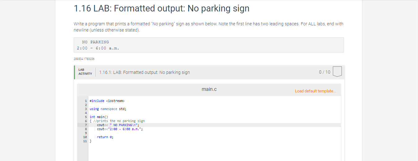 Solved 1.16 LAB: Formatted output: No parking sign Write a | Chegg.com Solved 1.16 LAB: Formatted output: No parking sign Write a | Chegg.com