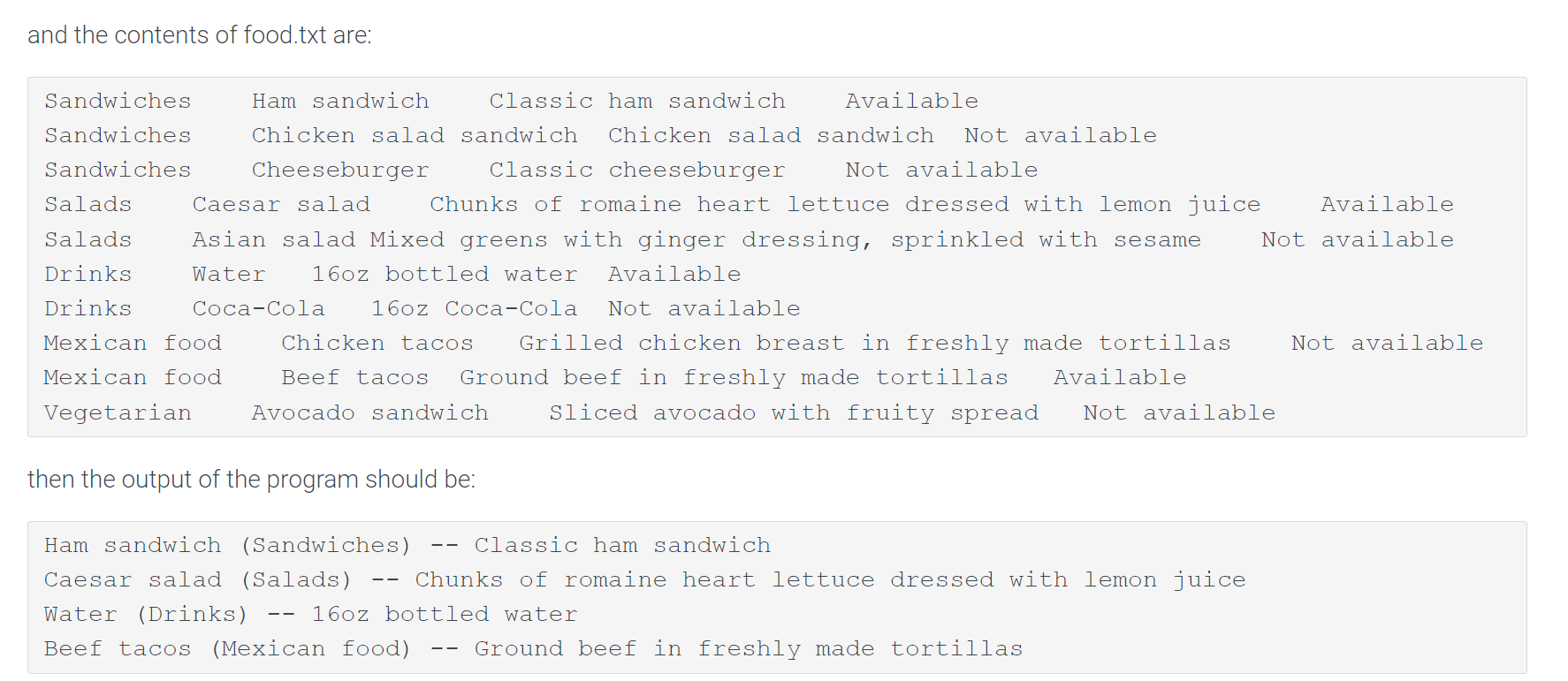 Solved Given a text file containing information about food | Chegg.com
