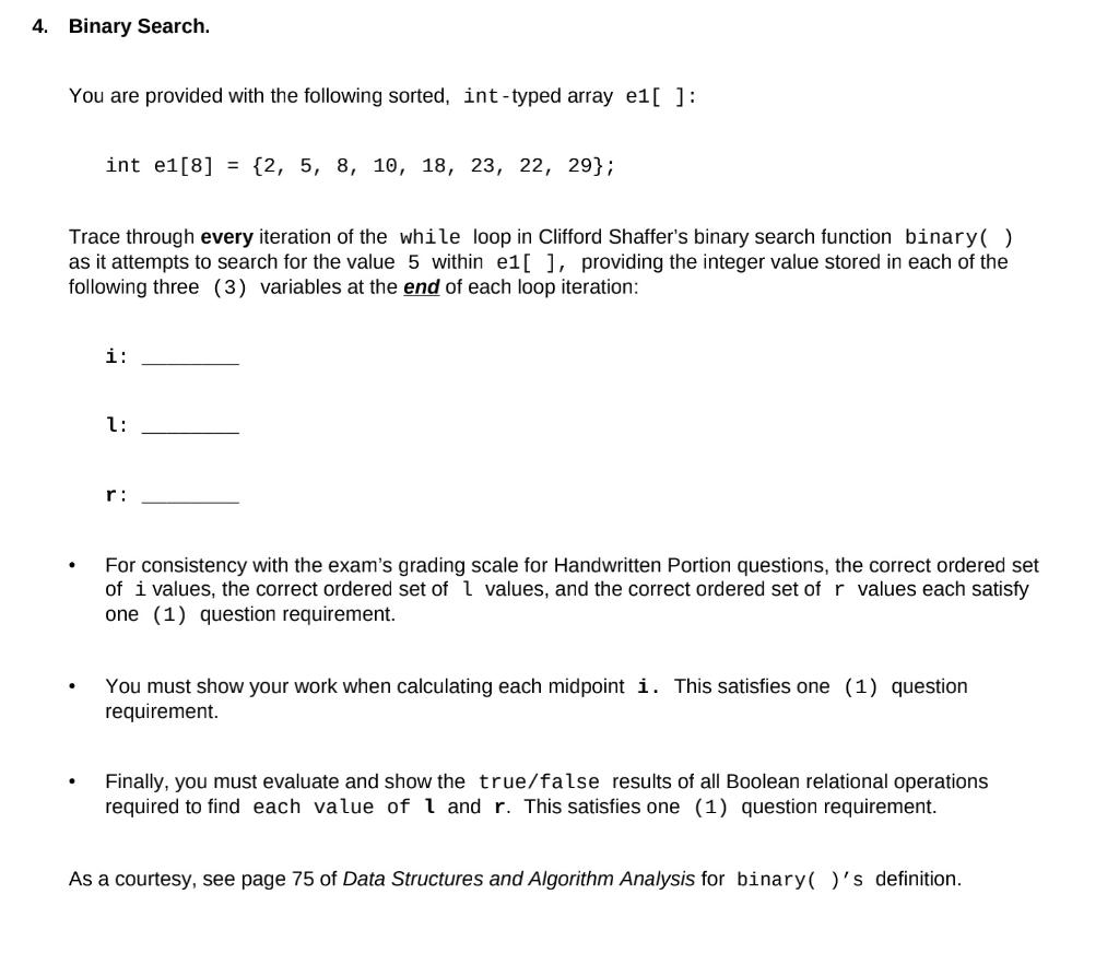 Solved 4. Binary Search. You are provided with the following | Chegg.com