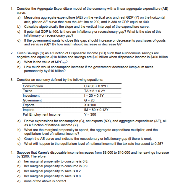 Solved 1. Consider the Aggregate Expenditure model of the | Chegg.com