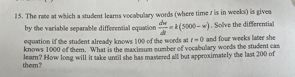 Solved 15. The rate at which a student learns vocabulary | Chegg.com