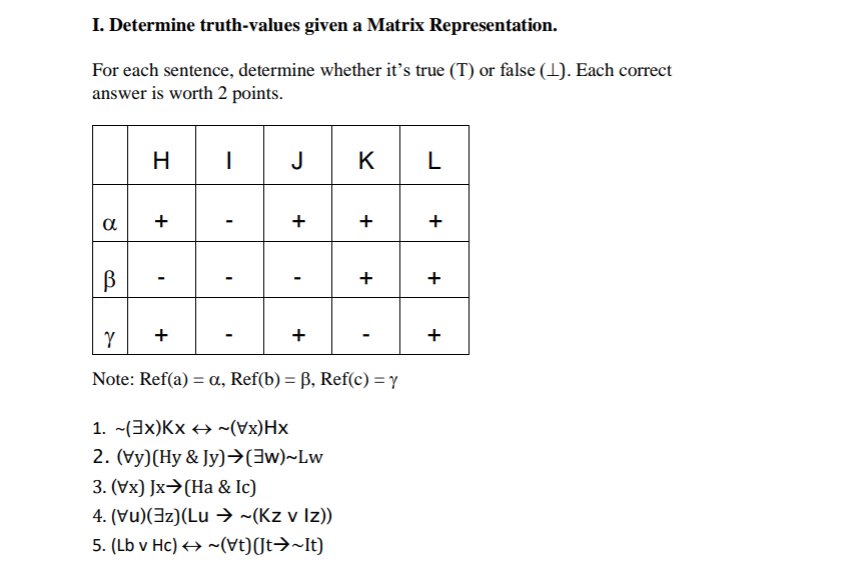 Solved I. Determine truth-values given a Matrix | Chegg.com