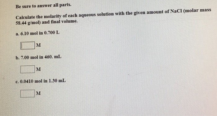 Solved Calculate the molarity of each aqueous solution with | Chegg.com