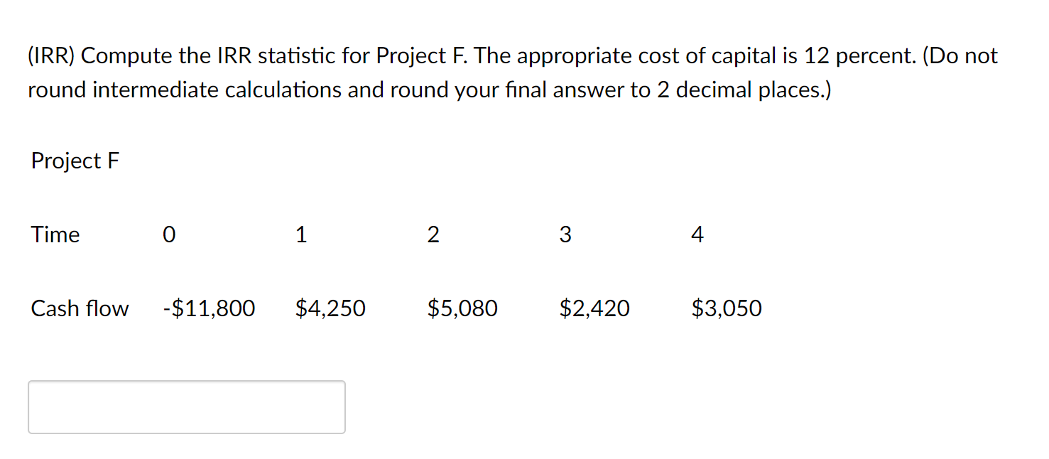 Solved (IRR) Compute the IRR statistic for Project F. The | Chegg.com