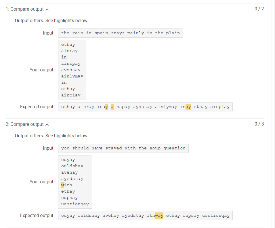 Solved 0/2 1: Compare outputn Output differs. See highlights | Chegg.com