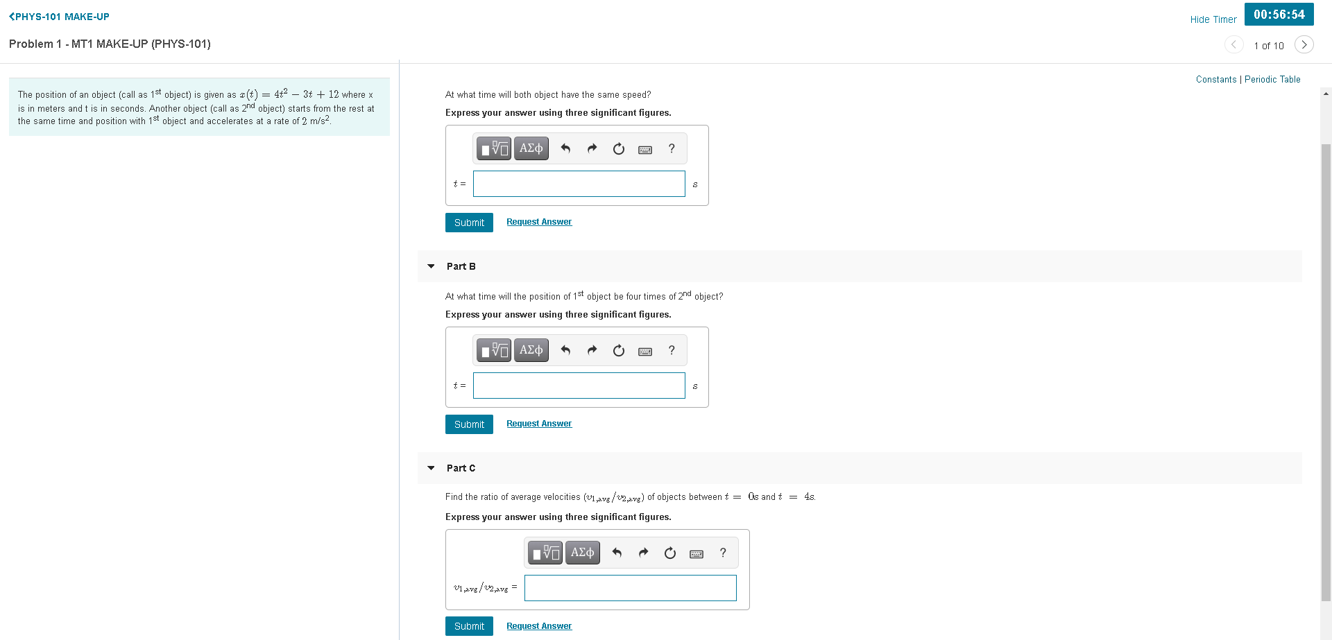 Solved (PHYS-101 MAKE-UP 00:56:54 Hide Timer Problem 1 - MT1 | Chegg.com