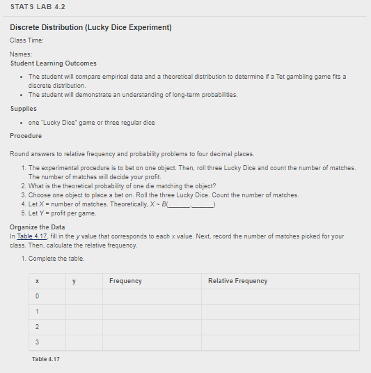 STATS LAB 4.2 Discrete Distribution (Lucky Dice | Chegg.com
