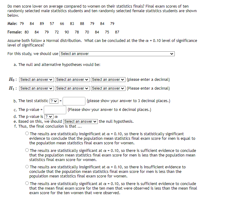Solved Do men score lower on average compared to women on | Chegg.com