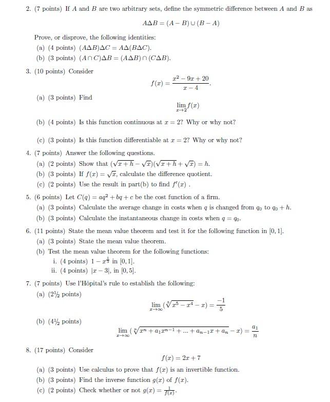 2. (7 points) If A and B are two arbitrary sets, | Chegg.com