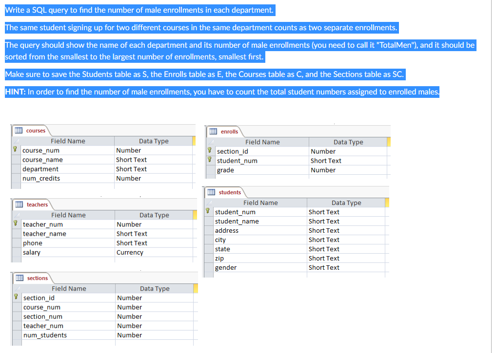 Solved Write a SQL query to find the number of male | Chegg.com