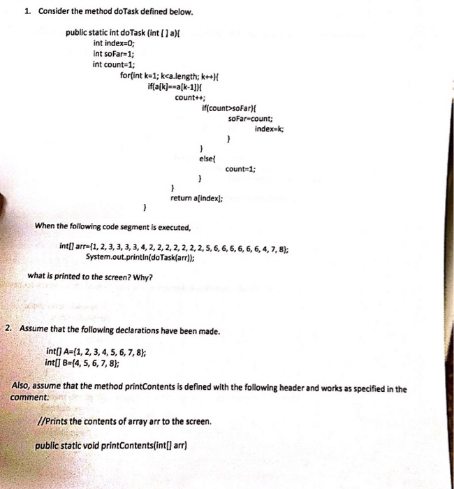 Solved 1. Consider the method doTask defined below. public | Chegg.com