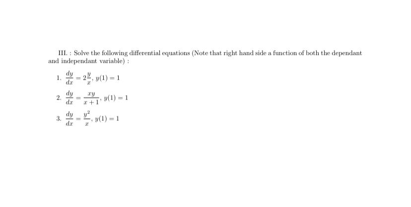 Solved III. : Solve the following differential equations | Chegg.com
