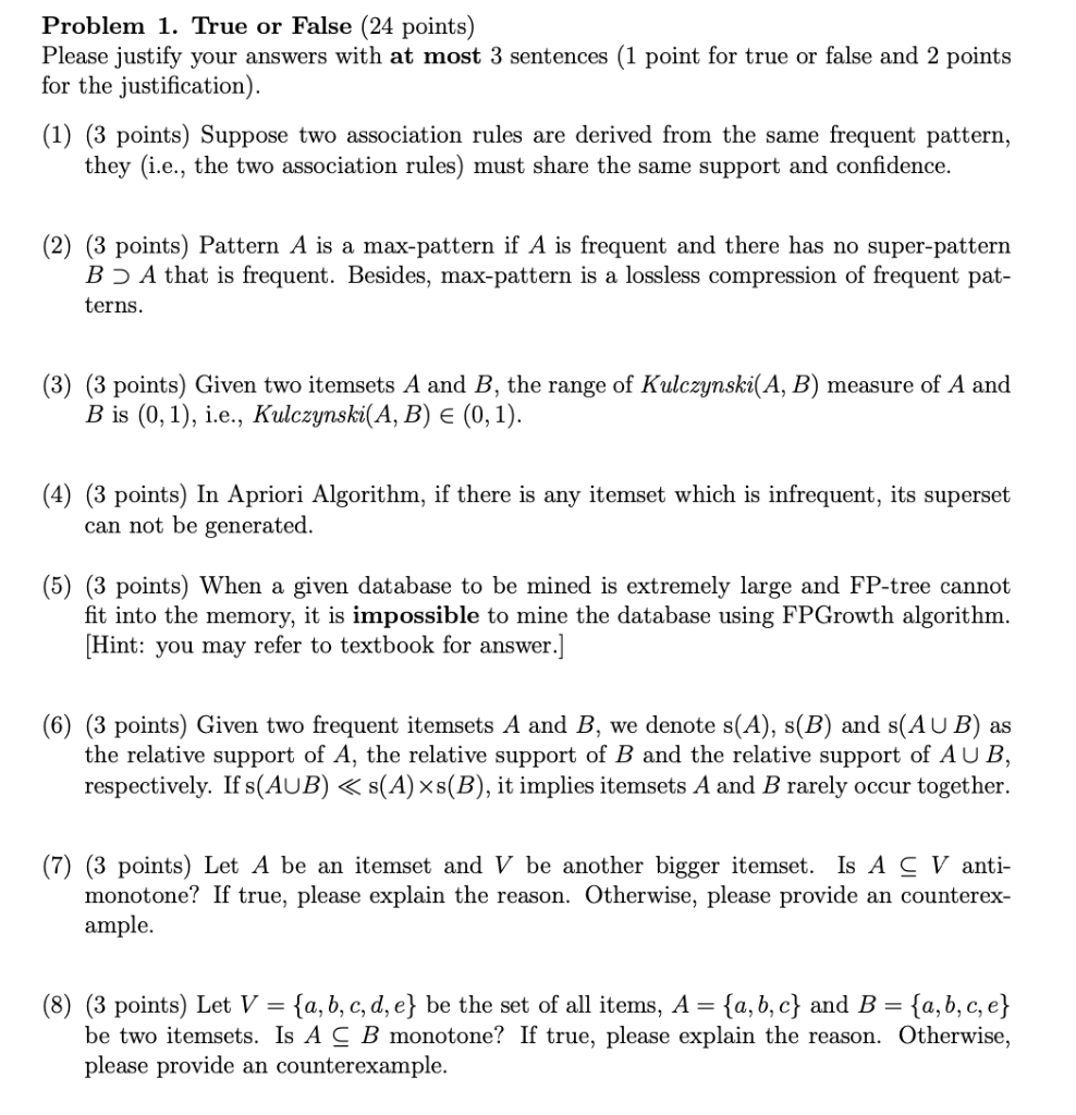 Solved Problem 1. True or False (24 points) Please justify | Chegg.com