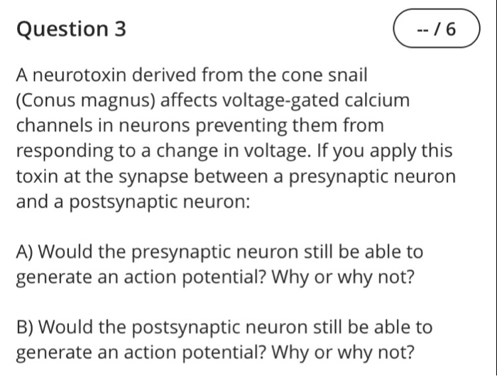 Solved 6 Question 3 A neurotoxin derived from the cone snail | Chegg.com