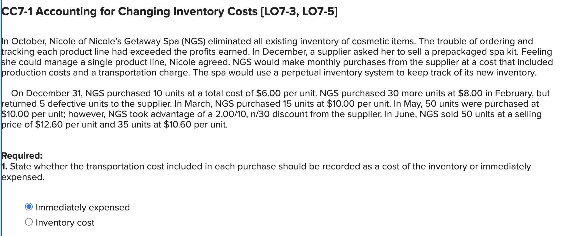 Solved CC7-1 Accounting for Changing Inventory Costs [LO7-3, | Chegg.com