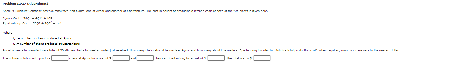 Solved Problem 12-27 (Algorithmic) Aynor: Cost | Chegg.com