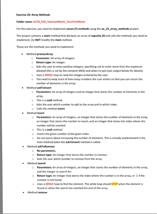 Solved Exercise 20: Array Methods Folder name: A170 E20 Your | Chegg.com