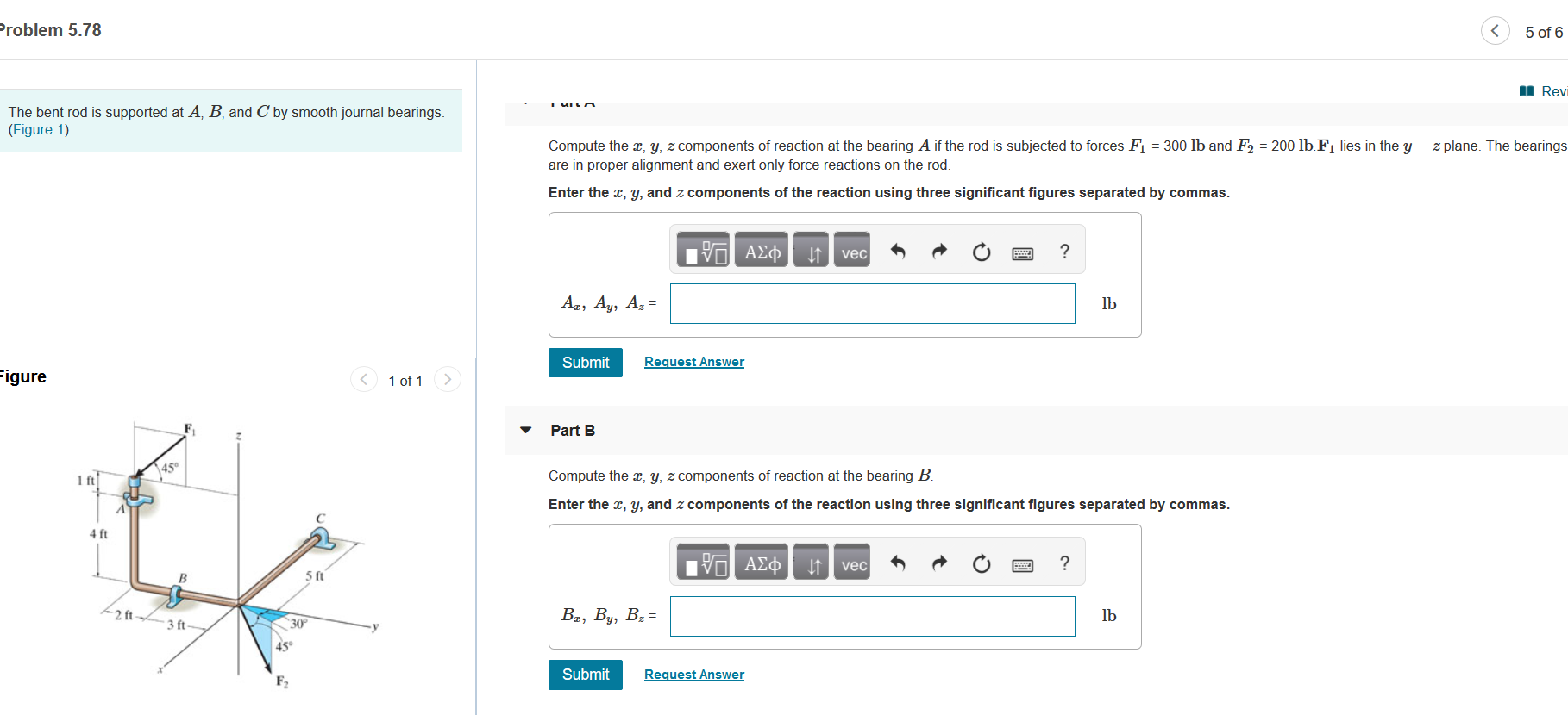 Solved The bent rod is supported at A, B, and C by smooth | Chegg.com