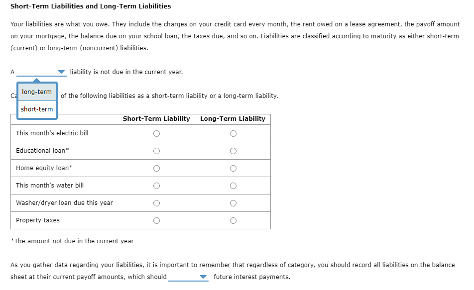 Solved Short-Term Liabilities and Long-Term Liabilities Your | Chegg.com