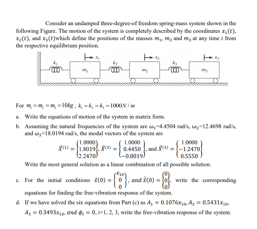 Solved Consider an undamped three-degree of freedom | Chegg.com