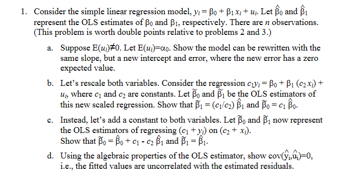 Solved 1. Consider the simple linear regression model, | Chegg.com