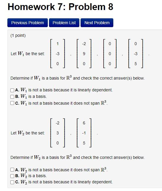 Solved Let W1 be the set: ⎣⎡1−30⎦⎤,⎣⎡−290⎦⎤,⎣⎡000⎦⎤,⎣⎡0−35⎦⎤ | Chegg.com