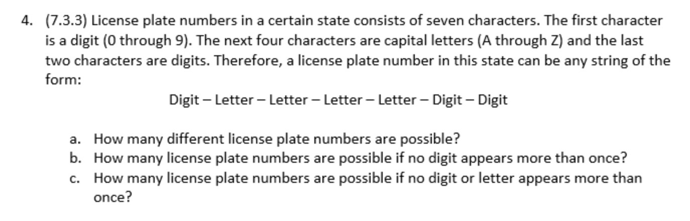 Solved (7.3.3) License plate numbers in a certain state | Chegg.com