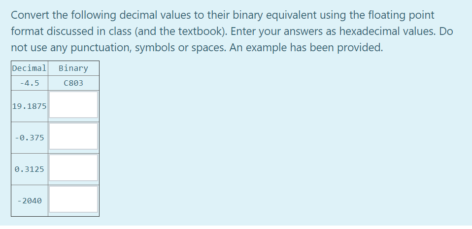 Convert the following decimal values to their binary | Chegg.com