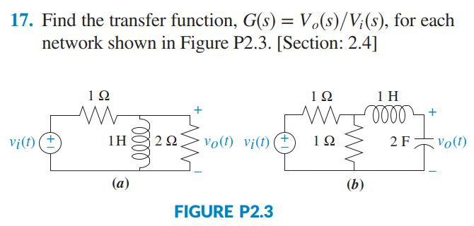 Solved 17. Find the transfer function, G(s) = V.(s)/V;(), | Chegg.com