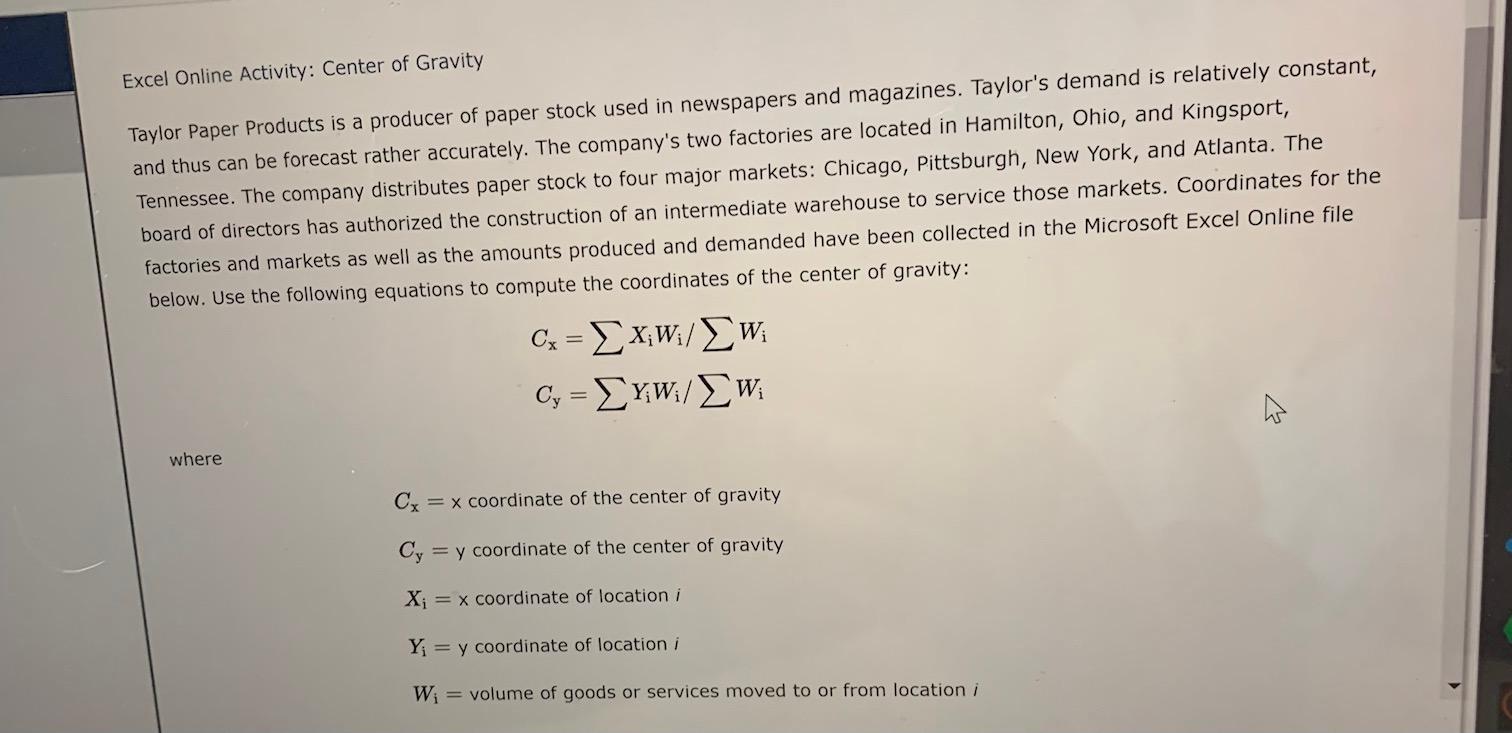 Solved Excel Online Activity: Center of Gravity Taylor Paper | Chegg.com