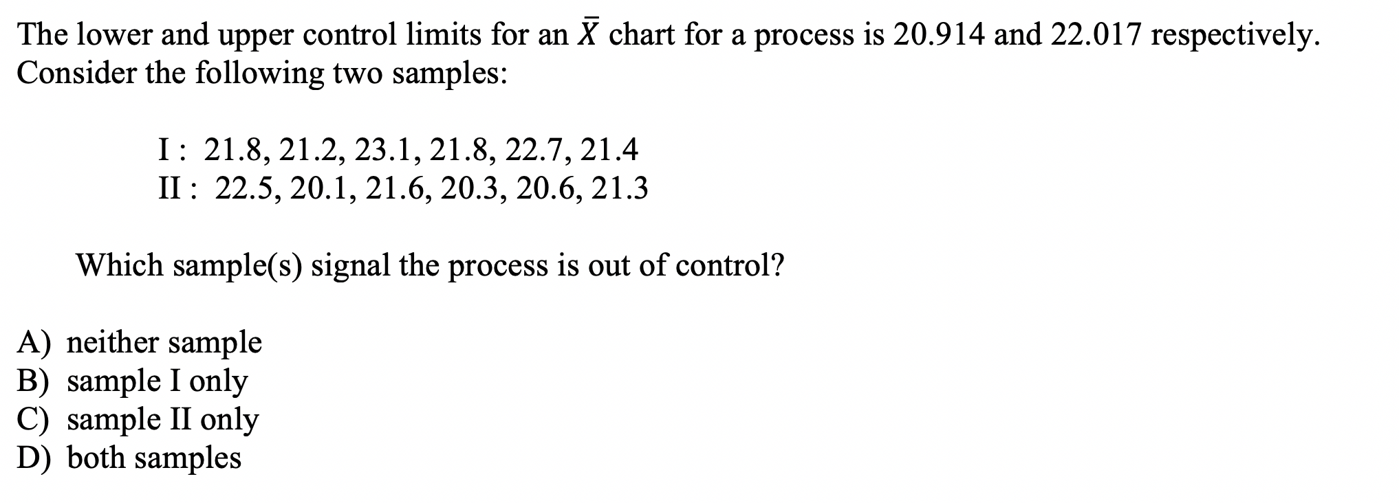 Solved The lower and upper control limits for an X chart for | Chegg.com