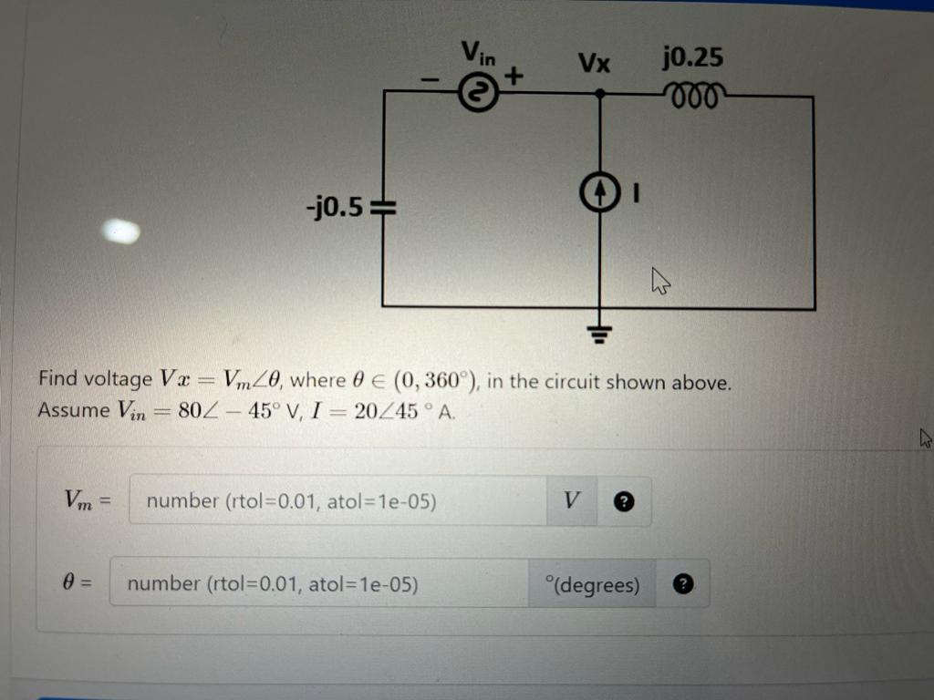 Solved Find voltage Vx=Vm∠θ, where θ∈(0,360∘), in the | Chegg.com
