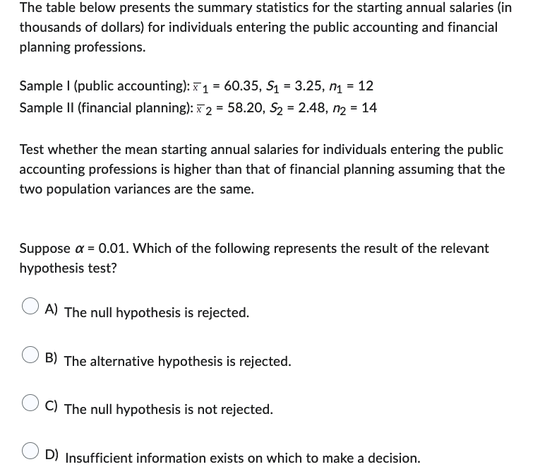 Solved The table below presents the summary statistics for | Chegg.com