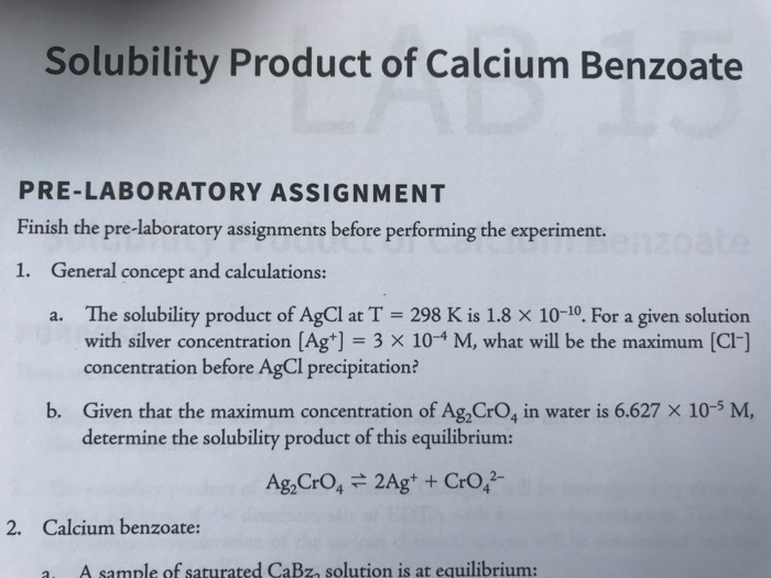 Solved Solubility Product of Calcium Benzoate PRE-LABORATORY | Chegg.com
